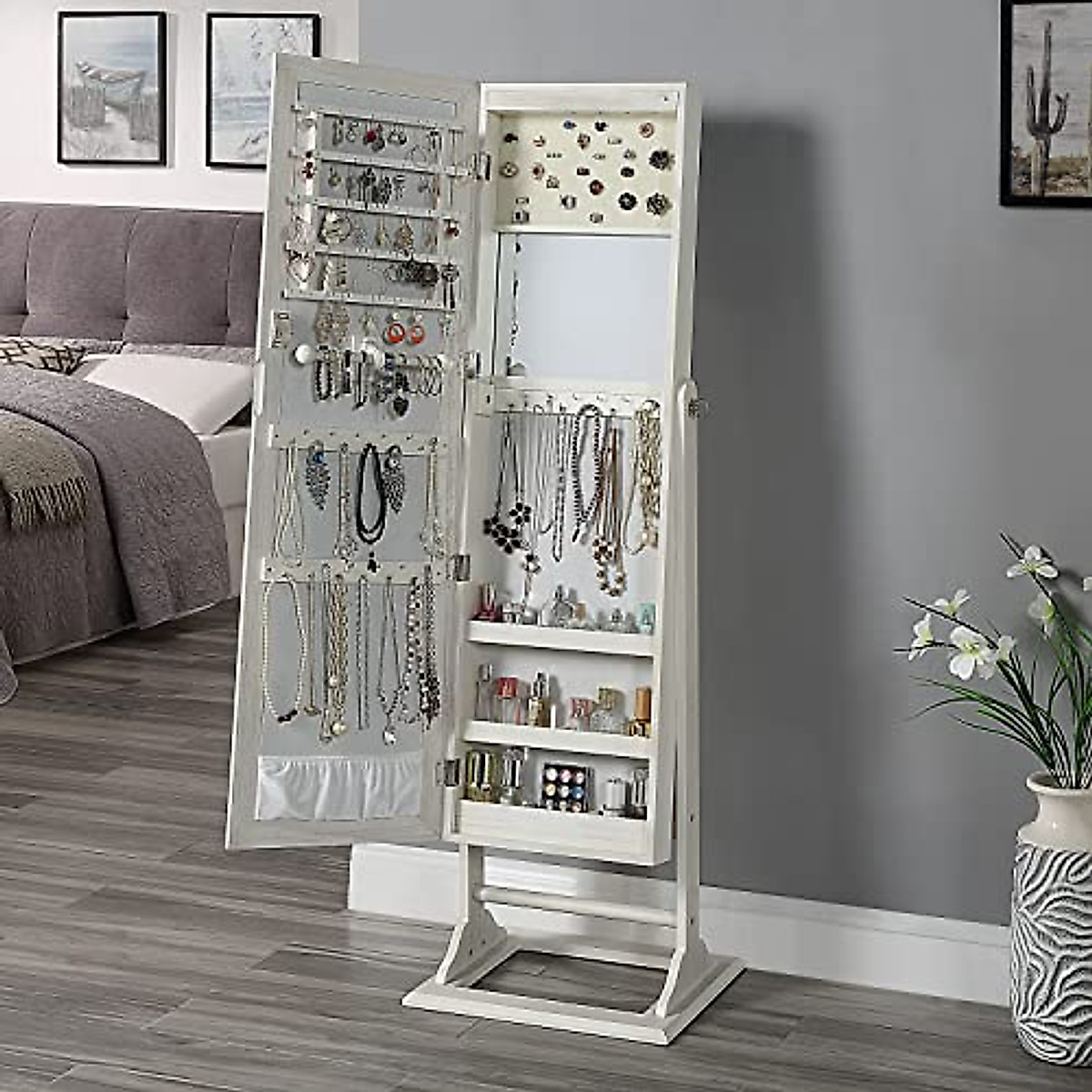 Abington Lane Standing Jewelry Armoire - Lockable Cabinet Organizer Jewelry Storage with Full Length Mirror and LED Lights (Antique White)