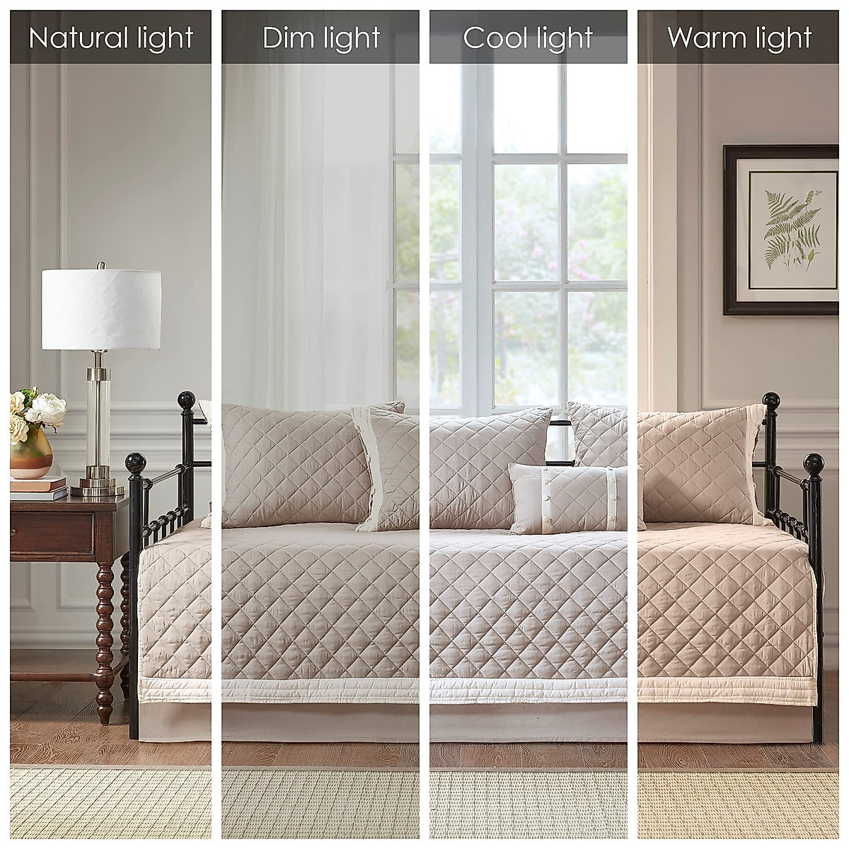 Madison Park 100% Cotton Daybed Cover Set - Trendy Design, All Season Luxury Bedding with Bedskirt, Matching Shams, Decorative Pillow, Diamond Quilted, Khaki 75"x39" 6 Piece