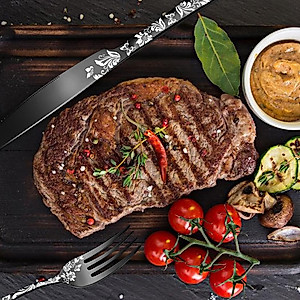 XIAOYU 5 Pieces Silverware Set, Black Flatware Set, Stainless Steel Mirror Polished Cutlery Set, Spoons Forks Knives Set with Unique Floral Laser, Rainbow