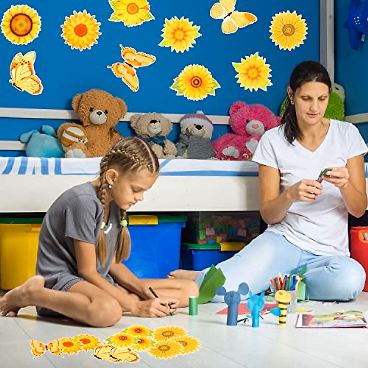 Summer Sunflower Cutouts, BENBO 45Pcs Spring Sunflower Wall Decals Butterfly Gerbera Daisy Bulletin Board Decoration Springtime Flower Cutouts with Glue Point Dots for Classroom School Birthday Party