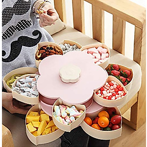 Double Layer Candy and Nut Serving Container, Petal-Shaped Rotating Snack Serving Tray 10 Variety Mixed Nut Assortment Tray, Food Storage Organizer, Divided Snack Platter(Pink)
