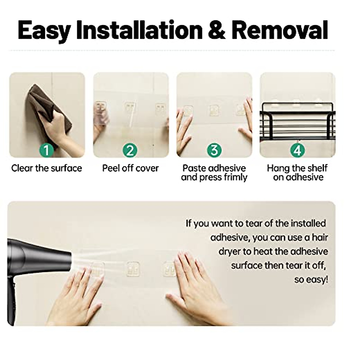 Shower Caddy Basket Shower Racks for Inside Shower Shelf with Soap Dishes and 5 Hooks, 304 Stainless Steel No Drilling Traceless Adhesive Bathroom Storage Organizer, 2 Pack, Black