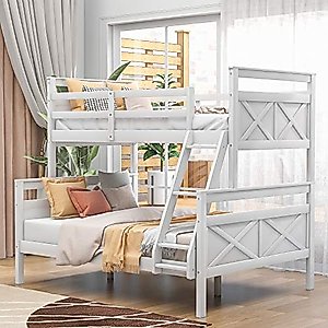 POCIYIHOME Twin Over Full Bunk Bed with Ladder, Wood Bed Frame with Slat Support & Full Length Guardrail for Kids,Teens Bedroom, Convertible into Two Separate Beds, No Box Spring Needed, White