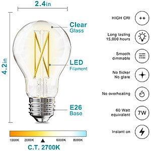 TJOY 12 Pack A19 Vintage LED Edison Bulbs, Dimmable Light Bulb 60W Equivalent, High Brightness 2700K Warm White, 7W E26 Standard Base, 800Lumens, CRI80+, Clear Glass Filament Bulb for Home, Farmhouse