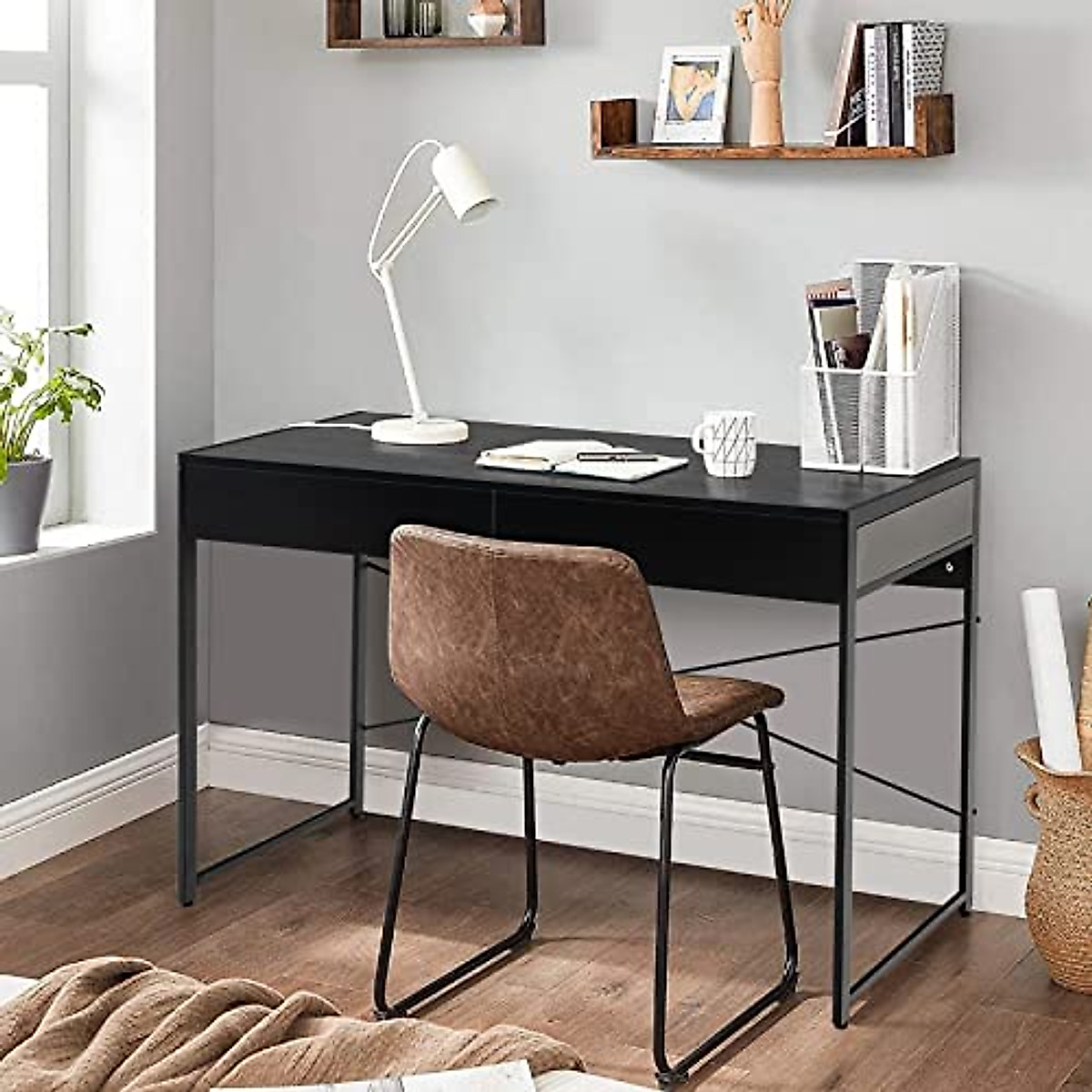GOFLAME 44 inch Computer Desk with 2 Storage Drawers, Home Office Desk with Steel Frame, Simple Study Writing Workstation, Makeup Vanity Console Table for Living Room, Bedroom & Study (Black)