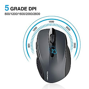 TECKNET Wireless Mouse, 2.4G Ergonomic Optical Mouse with USB Nano Receiver for Laptop, PC, Computer, Chromebook, Notebook, 6 Buttons, 24 Months Battery Life, 2600 DPI, 5 Adjustment Levels