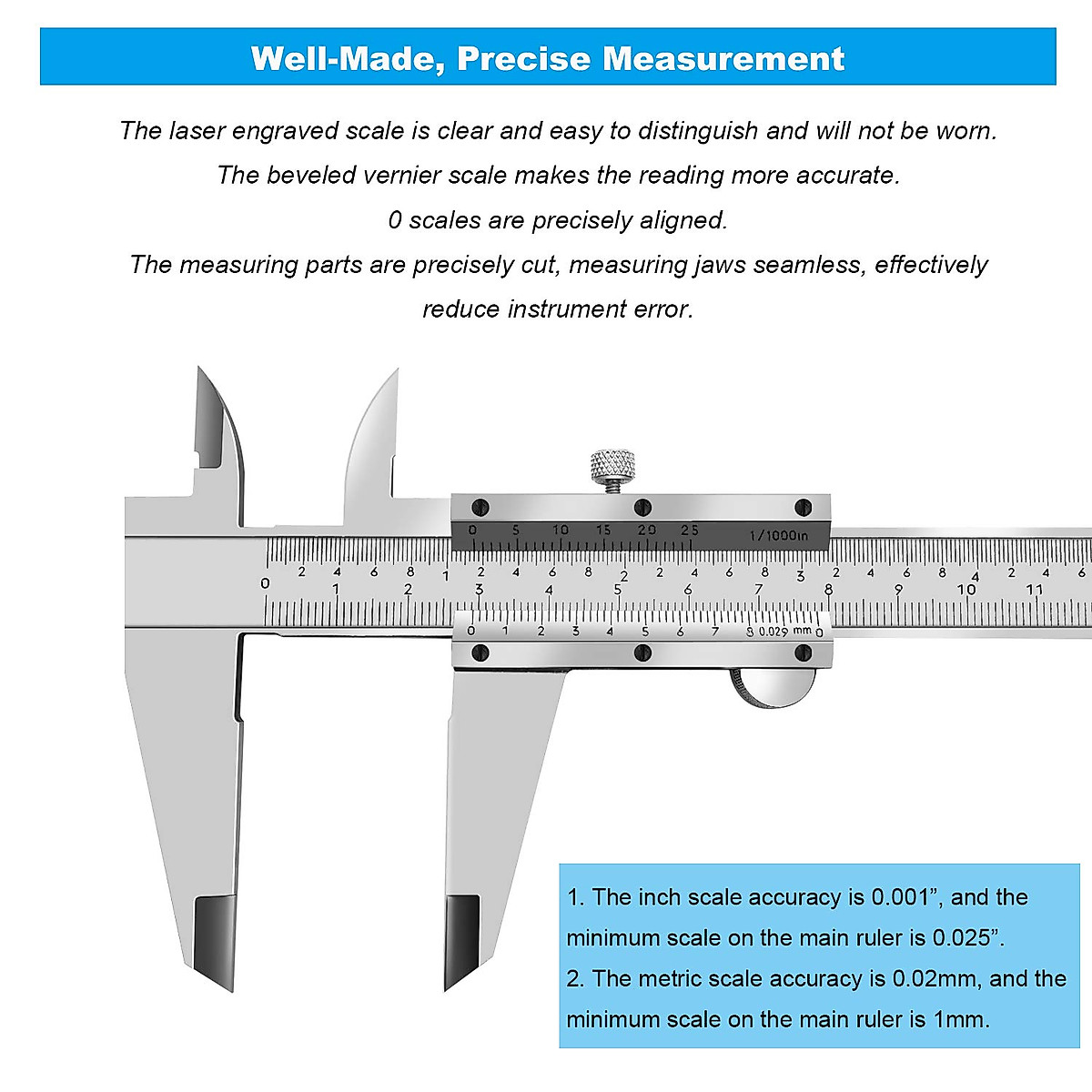 ZLKSKER 8 Inch / 20 cm Micrometer Vernier Caliper, Stainless Steel Precision Measuring Tool (Inch/Metric), Depth/Inside/Outside/Step Measurement, Accuracy 0.001" / 0.02mm