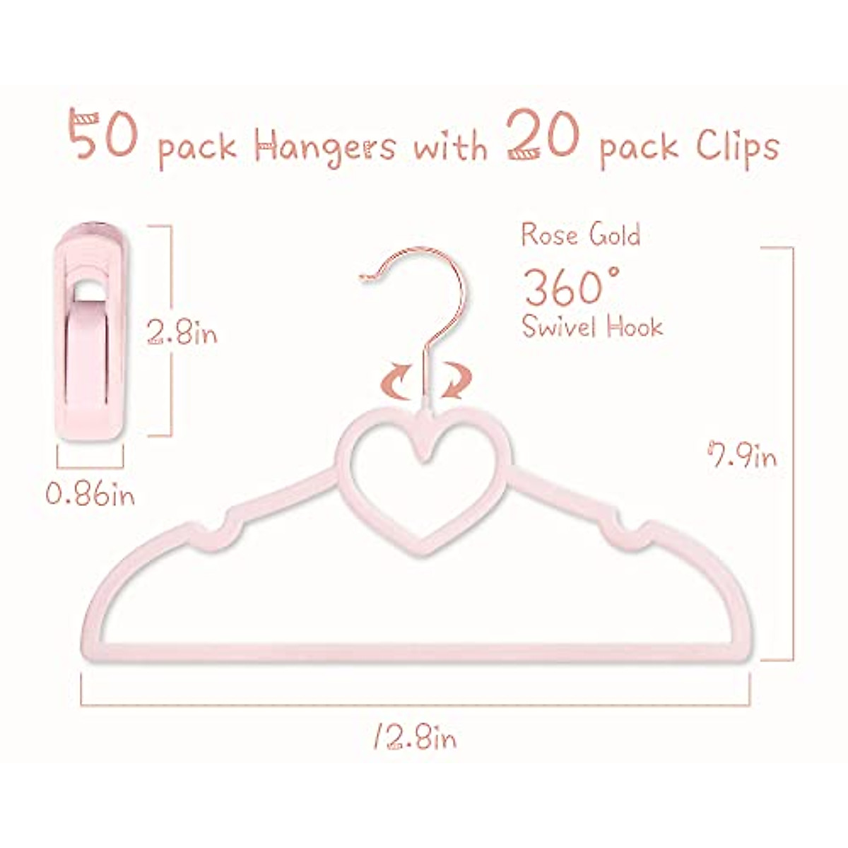 Pink Heart Velvet Baby Hangers - 50pack 13inch Toddler Hangers with 20pcs Clips, Premium Velvet Strong and Durable Baby Clothes Hangers Without Slipping, Ultra Slim and Stackable Space Saving