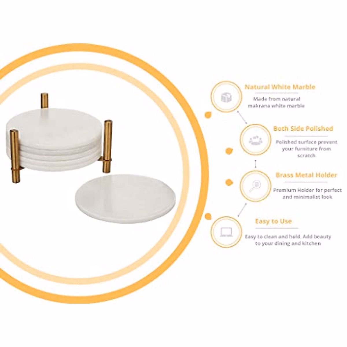 Queenza Marble Coasters for Drinks, Set of 6 Coasters with Holder, Pearl White Marble Coasters 3.5 Inch Wide 5 mm Thick Gold Coasters For Drinks, Both Side Polish For Scratch Free Surface Coaster Set