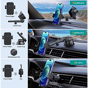 Car Phone Holder Mount, [Military-Grade Suction & Super Sturdy Base] 3 in 1 Universal Phone Mount For Car Dashboard Windshield Air Vent Hands Free Car Phone Mount for iPhone Android All Smartphone