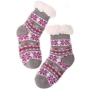 Girls Boys Kids Fuzzy Slipper Socks Fluffy Cozy Cabin Warm Winter Plush Sherpa Comfy Fleece Lined Home Soft Sleep Thick Grips Gripper Non Slip Christmas Socks Gift Stocking Stuffers for Child (Snowflake Grey, 5-9 Y)
