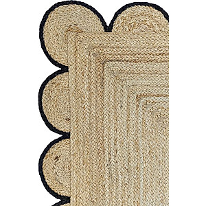 KALVEERA Jute Area Rug for Home and Living Room Décor Rectangular Scalloped Vintage Jute Area Rug Carpet Black 4' x 6'