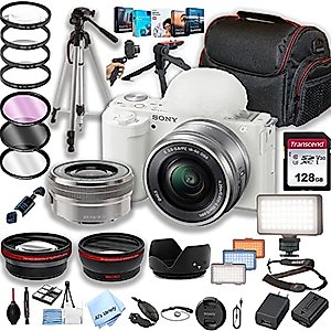 Sony ZV-E10 (White) Mirrorless Camera with 16-50mm Lens + 128GB Memory + LED Video Light + Case+ Steady Grip Pod + Tripod + Filters + Lenses + Software + More (42pc Bundle)