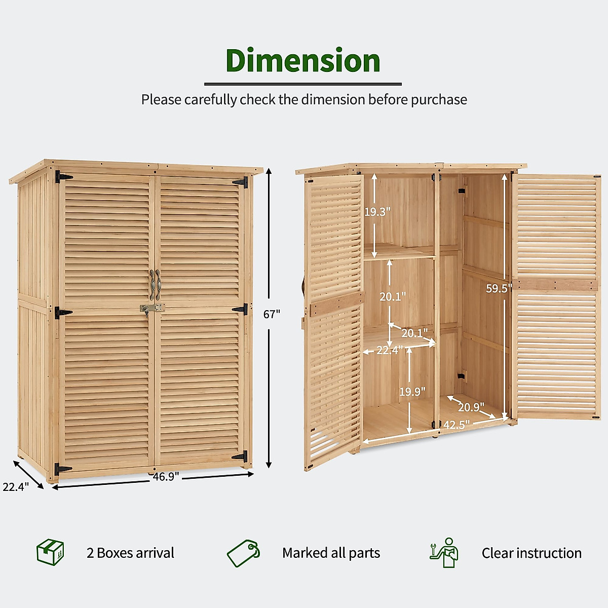MCombo Outdoor Wooden Storage Cabinet, Garden Tool Shed with Latch, Outside Tools Wood Cabinet with Double Doors for Patio 1900 (Natural, Large)