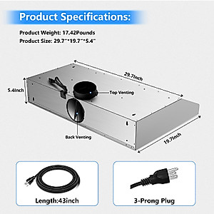 TAZPI 400 CFM Under Cabinet Range Hood 30 Inch, Stainless Steel Stove Vent Hood with 3 Speed Kitchen Exhaust Fan and Two Bright LED Light, Kitchen Hood 30 Inch for Duct/Ductless Convertible