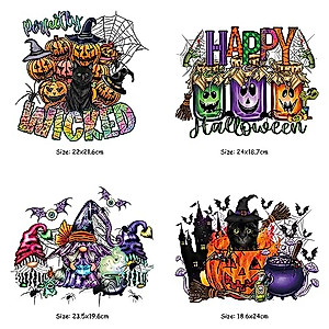 4 Sheets Halloween Iron on Patches Pumpkin Bat Iron on Transfer Stickers Cute Design Heat Transfer Vinyl Decals with Black Cat Skull Spider Web Halloween Patches for Clothes Shirts Bag Craft DIY Decor