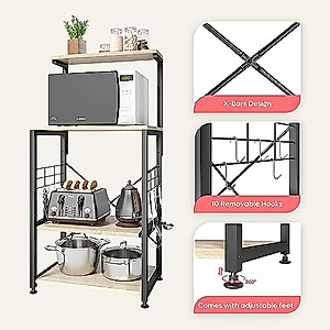 Bestier Bakers Rack, 4-Tier Microwave Stand Coffee Bar Table on Wheels, Utility Storage Rack with Sliding Shelf & 10 Side Hooks for Kitchen, Living Room, Dining Room, Oak