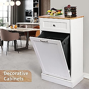 TOLEAD Tilt Out Trash Cabinet,Antique-Style Beadboard Kitchen Island with Solid Wood Tabletop & Drawer, Pet Proof Trash Can, Wood Laundry Cabinet (White)