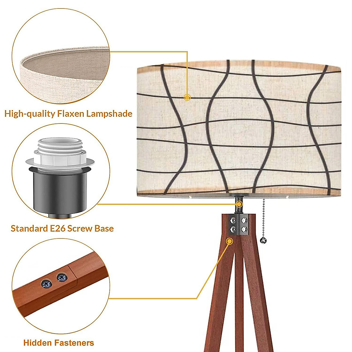 Wood Tripod Floor Lamp Abstract Seamless Black Curved Lines a White Image Modern Standing Lamp Linen Lampshade Dimmable Tall Lamp Mid Century Floor Lamp for Living Room Bedroom