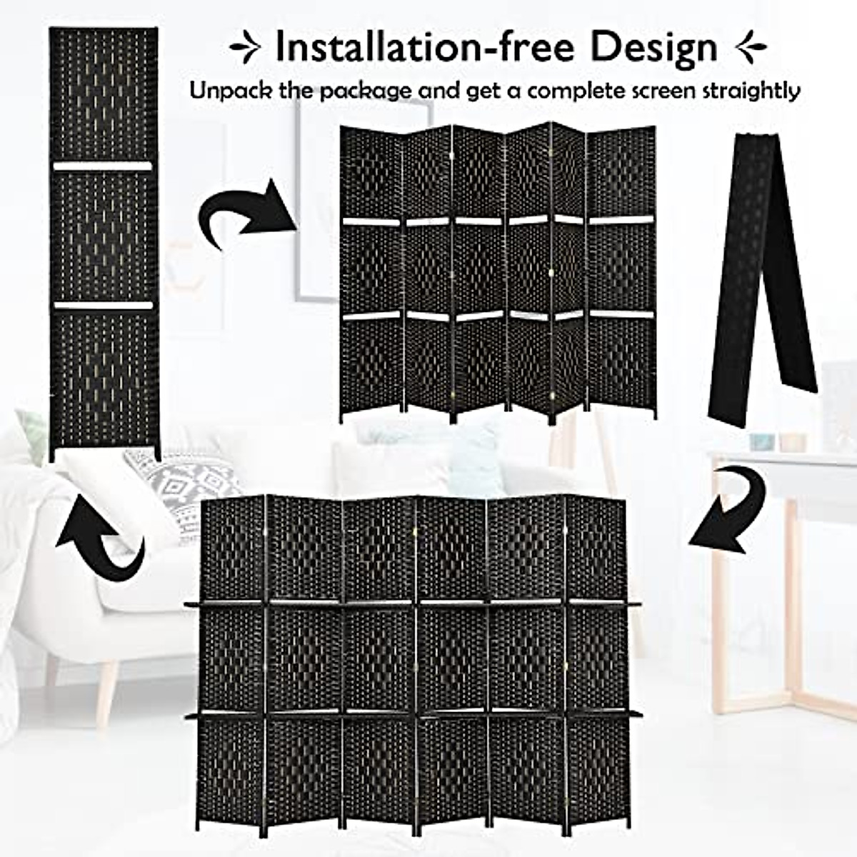 Giantex 6Ft 6 Panel Room Divider with Shelves, Freestanding Hand-Woven Rattan Folding Privacy Screens for Room Separation, Wooden Partition Room Divider Wall for Home Office Studio Separator