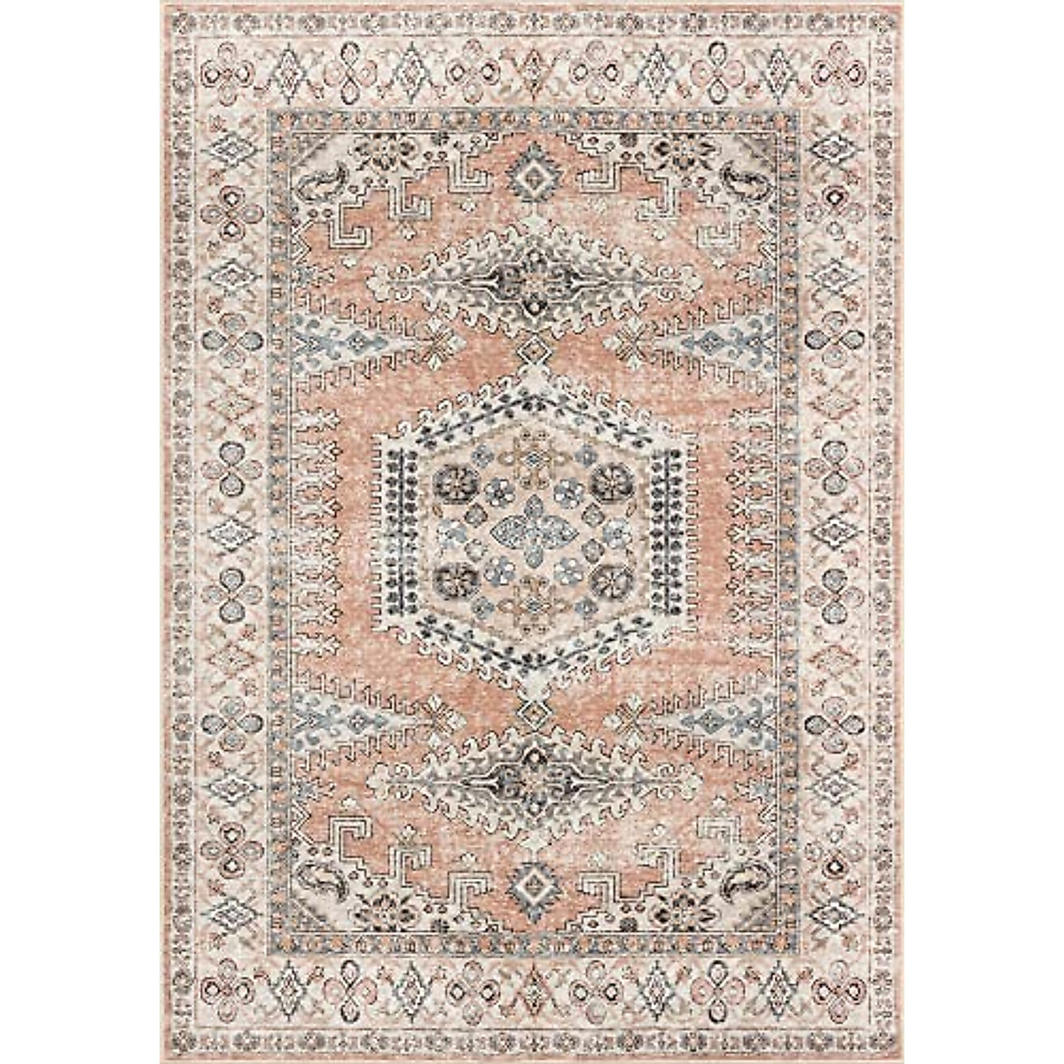 Valenrug Washable Rug 5x7 - Ultra-Thin Antique Collection Area Rug, Stain Resistant Rugs for Living Room Bedroom, Distressed Persian Boho Rug(Peach/Yellowish, 5'x7')