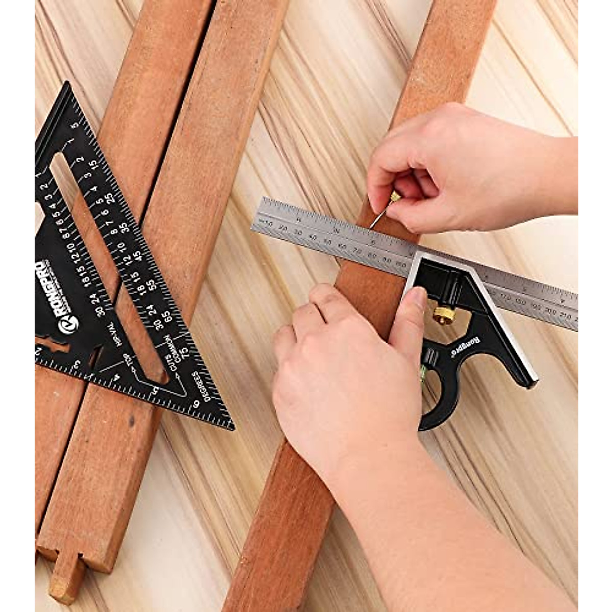 RONGPRO Rafter Square and Combination Square Tool Set, 7 Inch Triangle Carpenter Square Die-cast Aluminum Alloy and 12 Inch Zinc-Alloy Die-Casting Combo Square Ruler - Rafter Square Layout Tool