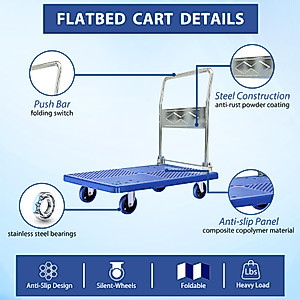 Aysiofdy Foldable Platform Truck｜440 lbs Weight Capacity Hand Truck｜Push Cart Dolly with 360 Degree Swivel Wheels｜Push Cart on Wheels for Easy Storage and Loading｜Blue