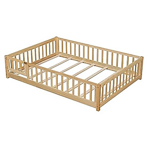Bellemave Full Size Floor Bed with Door and Fence for Kids, Montessori Floor Bed with Slats and Safety Guardrails,Solid Wood Full Bed Frame for Girls Boys(Full,Natural)