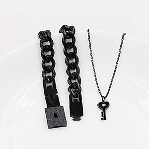 Uloveido Black Stainless Steel Couples Lock Bracelet and Key Pendant Necklace Matching Jewelry Set for Girlfriend Boyfriend Y808 (Black)
