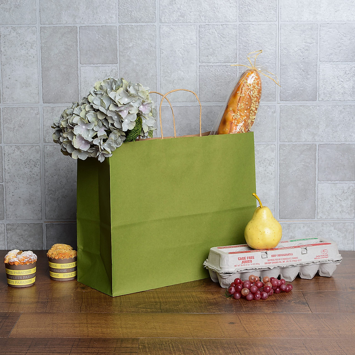 Green Gift Bags – 16x6x12 Inch 50 Pack Large Olive Green Kraft Shopping Bags with Handles, Euro Tote Retail Bags for Small Business & Boutique, Holiday Gifts, Wedding Guests, Birthday Parties, Bulk