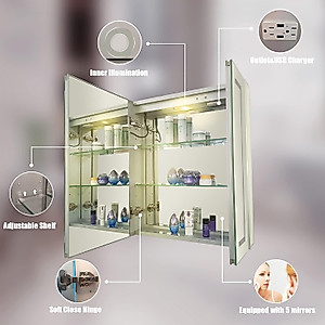 Janboe LED Medicine Cabinet,Bathroom Mirror Cabinet with Lights,24×28inch,Internal Light,USB Shaver Socket,3 Color,Dimmer,Demister,Detachable Side Mirror for Surface Mounted and Recess Mounted
