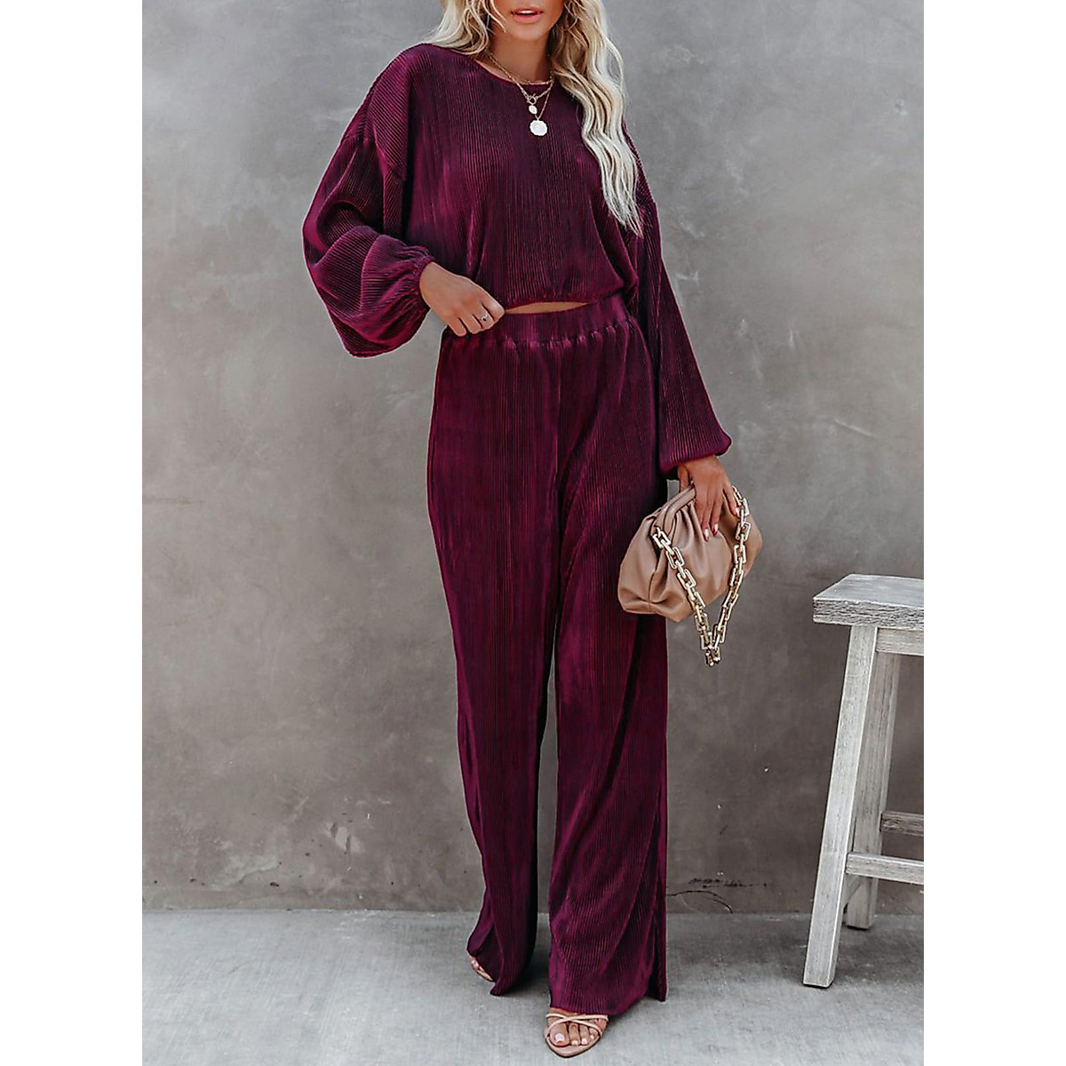 Dokotoo Womens Two Piece Outfits Casual Crew Neck Long Sleeve Tops 2 Piece Fall Outfits for Women Solid Wide Leg Pants Set 2024 Trendy Wedding Guest Sweatsuit Palazzo Pants Tracksuit L Red