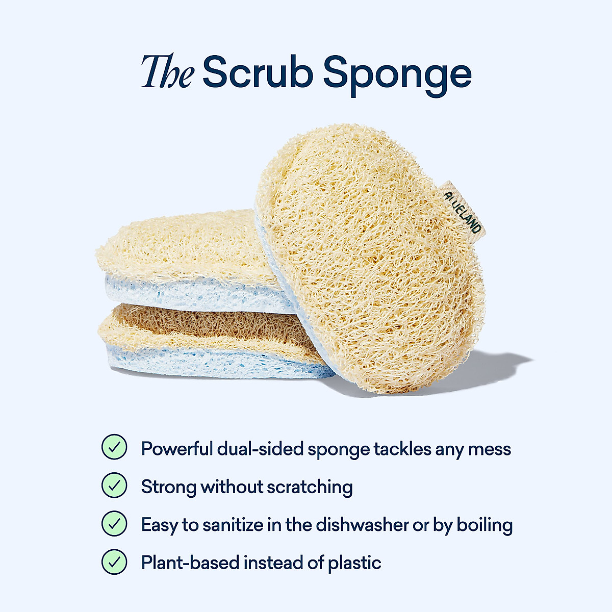 BLUELAND Scrub Sponge, 3-Pack, Dual-Sided Dish Loofah, Plastic-Free, Plant-Based Kitchen Scrubbing Non-Scratch