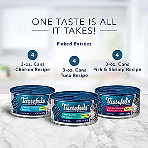 Blue Buffalo Tastefuls Natural Flaked Wet Cat Food Variety Pack, Tuna, Chicken, Fish & Shrimp Entrées in Gravy 3-oz Cans (12 Count - 4 of Each Flavor)