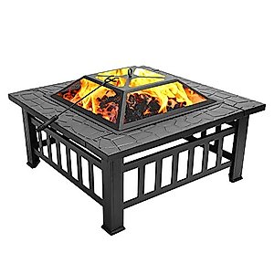 KepooMan Outdoor Fire Pit 32" Square Portable Courtyard Wood Burning Fire Bowl Backyard Patio Garden Stove Fire Pits with Spark Screen, Poker,Wood Grate