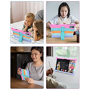 DETUOSI Silicone Case for Okaysea 10.1 inch Tablet with Stylus Pen & Shoulder Strap, Multi-Angle Stand Case, Soft Lightweight Protcetive Cover for QunyiCO 10.1, Moderness MB1001 10.1, Dazzling Pink