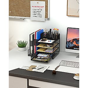 VIVSOL Desk Organizer with Mesh File Holder, 4-Tier Office Supplies Desk Organizers and Accessories with Sliding Drawers, 3 Trays & Pen Holder, Desk File Organizer and Storage for Office, School, Home