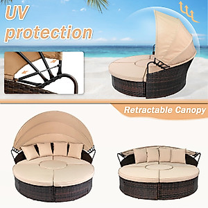 SOLAURA Outdoor Round Daybed, Patio Daybed with Retractable Canopy and Brown Wicker Patio Sectional Sofa, Seating Separates Cushioned Seats (4 Light Brown Pillow)