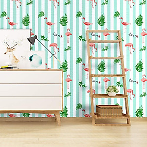 HOYOYO Vinyl Wallpaper Flamingos Palm Leaf Wallpaper Blue White Stripe Decorative Self Adhesive Liner Removable Wall Decoration for Bookshelf Closet Living Room Bedroom Dormitory Office 17.7''x118''