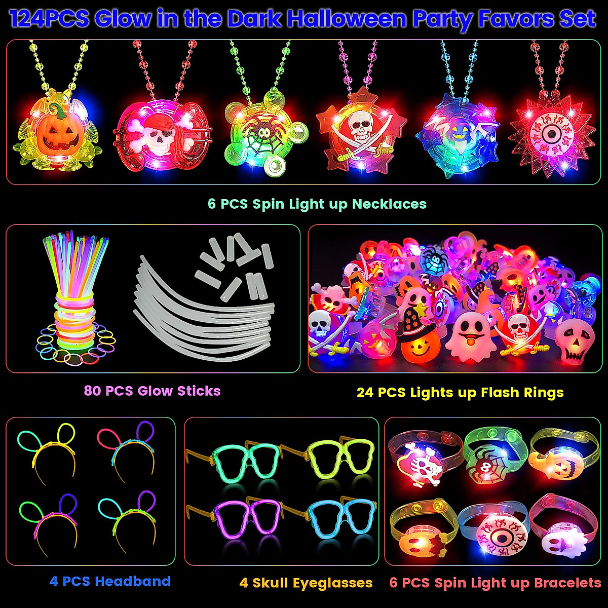 iRugosa hapfyer 124PCS Halloween Party Favors for Kids, Glow in the Dark Halloween Toys Bulk for Halloween Treat Bags Goodies Bags Fillers/Halloween Gifts Party Supplies