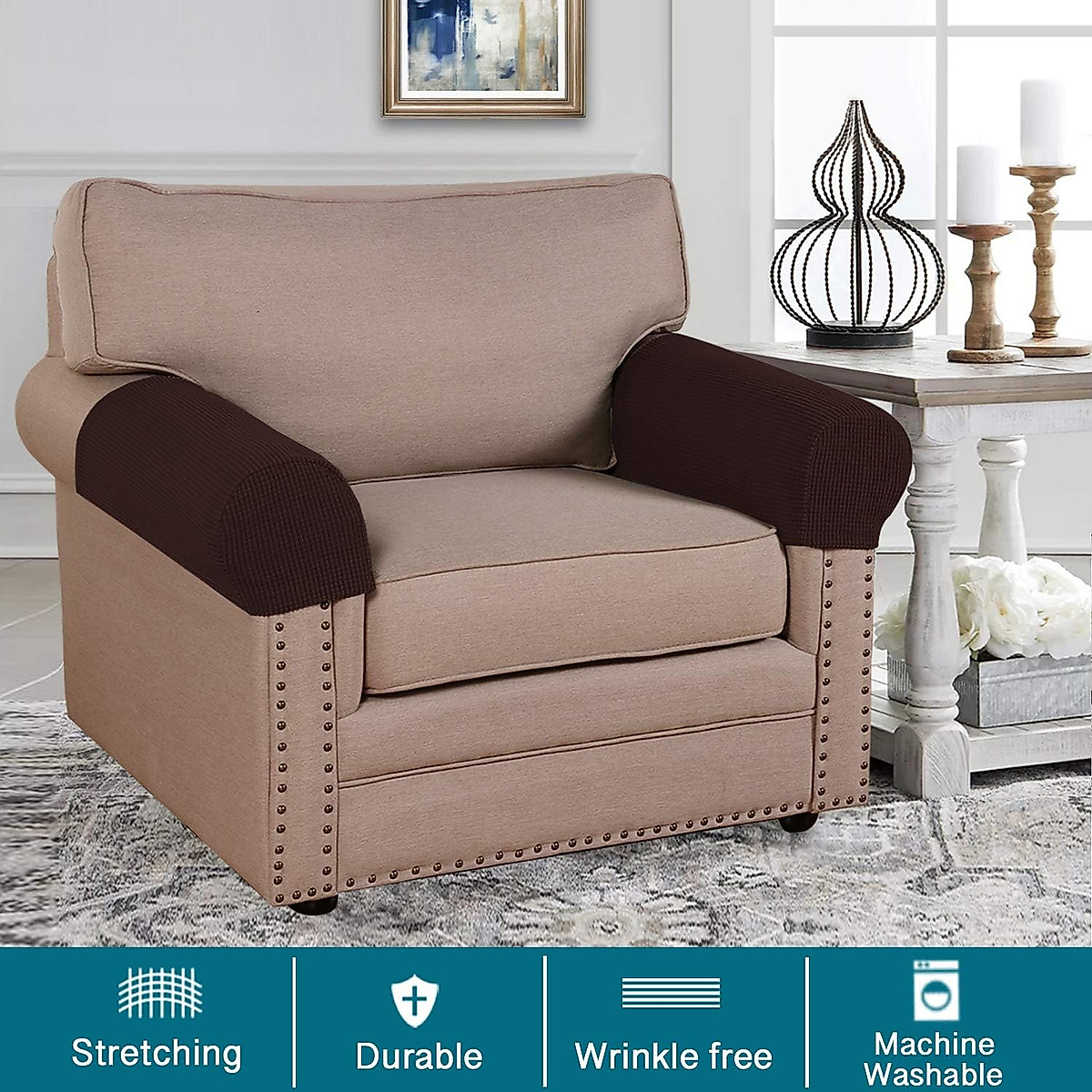 Turquoize Stretch Armrest Covers for Chairs and Sofas Couch Arm Covers for Sofa Spandex Jacquard Armrest Covers Anti-Slip Furniture Protector Washable Armchair Slipcovers for Recliner Set of 2, Brown