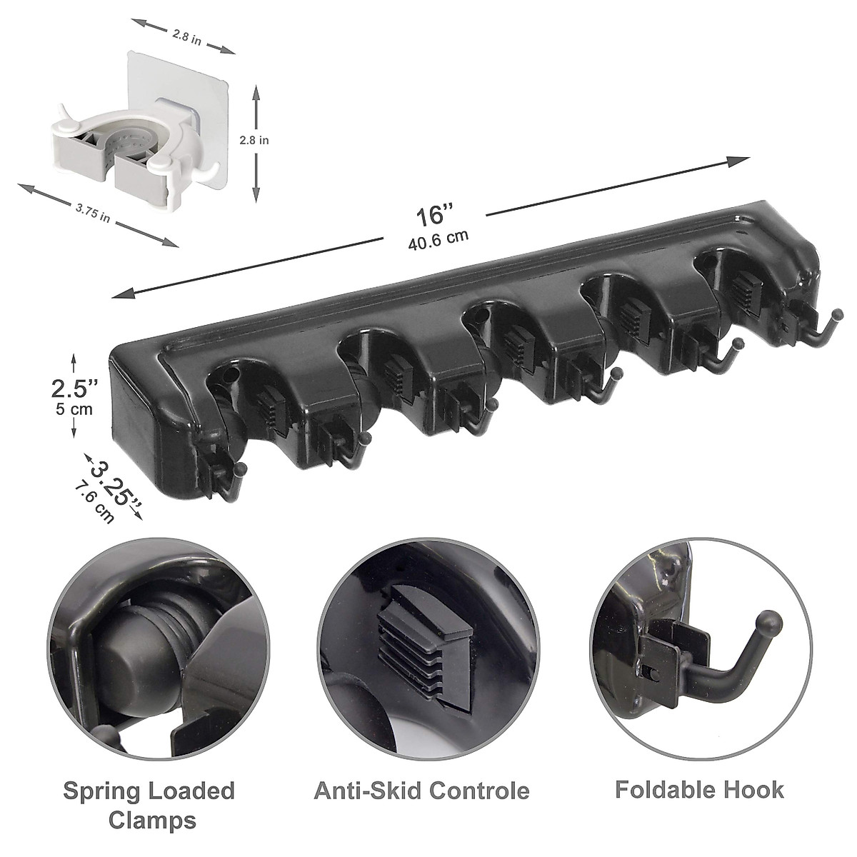 BonyandPo Broom and Mop Holder Wall Mounted - Heavy Duty Broom Holder Organizer with 2 Hooks and Screwdriver - Ideal for Cleaning Supplies Storage In Broom Closet or Over the Door (Black)