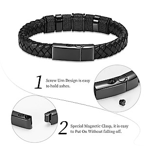 shajwo Cremation Urn Bracelet for Ashes Jewelry for Women Men Memorial Keepsake Cuff Bangle Leather Bracelet,Black 20cm