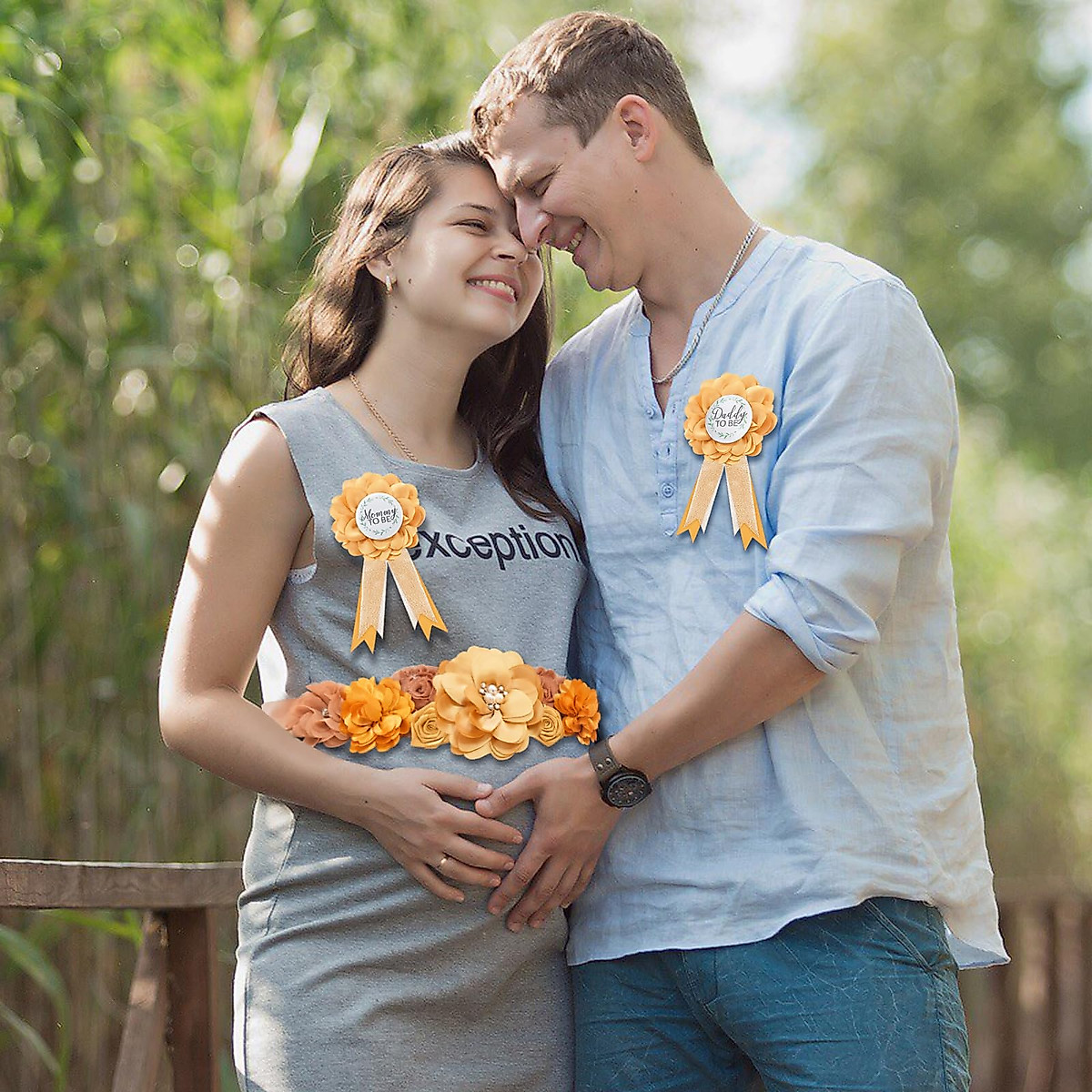 SKJIAYEE Gold Brown Maternity Sash Baby Shower Decorations, Mom to Be & Daddy to Be Corsage for Gender Reveal Party Supplies Belly Belt Gift Keepsake Pregnancy Photo Props (Pure Handmade)