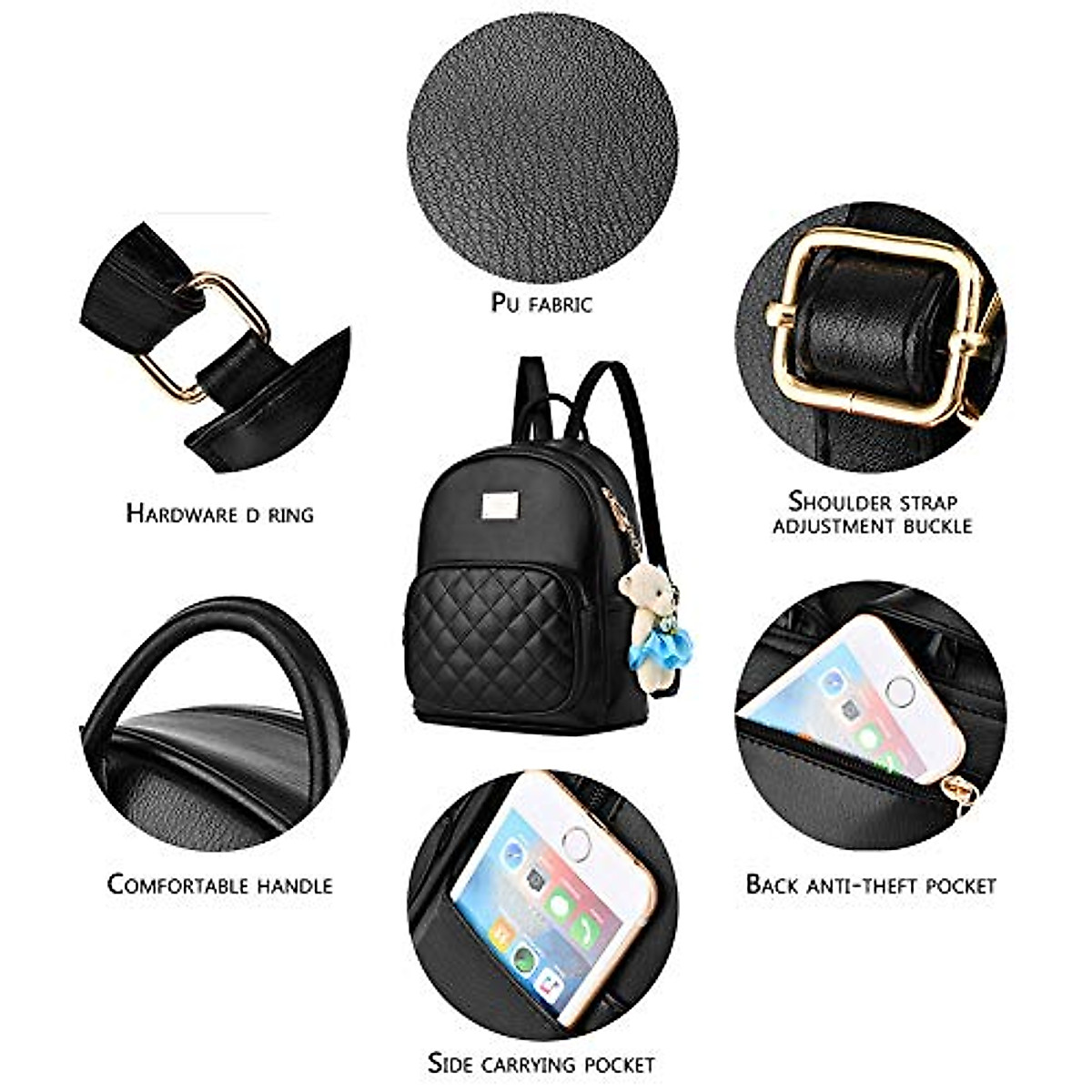 H&N Women Fashion Cute Leather Laides Shopping Bag Casual Backpack Travle Backpack for Girls Black, Small