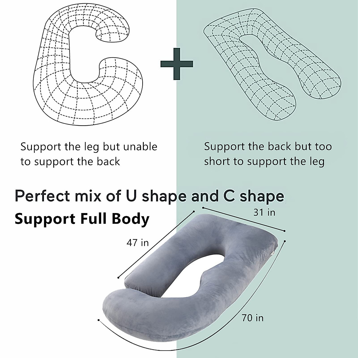 DEXBEXS Pregnancy Pillows, J Shaped Full Body Maternity Pillows witn Removable Cover, Support for Back, Legs, Belly, Hips, Pregnancy Pillows for Pregnant Women (Grey)