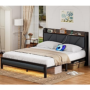 Furnulem Queen Size Bed Frame with LED Lights,Upholstered Storage Headboard with Charging Station and USB Port, Platform Bedframe Queen No Box Spring Needed, Noise Free
