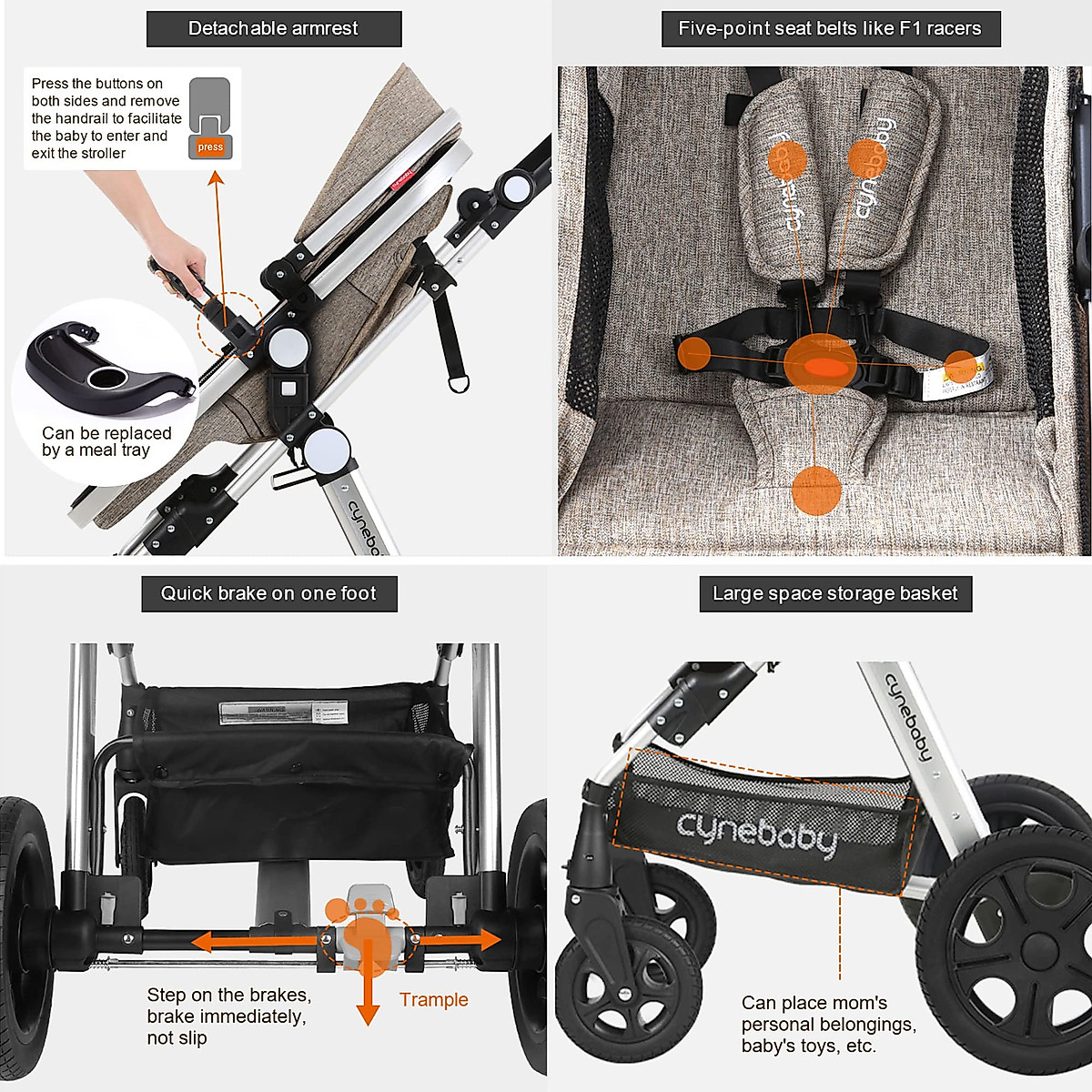 Cynebaby Baby Stroller, Convertible Bassinet Stroller for Newborn Infant Lightweight Pram Strollers with Snack Tray… (Khaki)