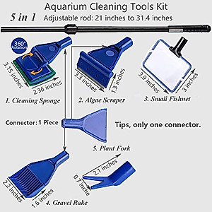 JZMYXA Aquarium Cleaning Tools Kit 5 in 1 Function for Long Deep Fish Tank, Adjustable Length Rod, Including Algae Scrape, Cleaning Sponge, 3.9" Small Fishnet, Gravel Rake, Plant Fork