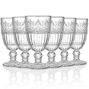 AVLA 6 Pack Glass Goblet, 12 OZ Vintage Wine Glassware, Romantic Wedding Glass Set, Drinking Stemware Beverage Cups for Party, Bar, Champagne, Juice, Beer, Cocktail, Embossed Design